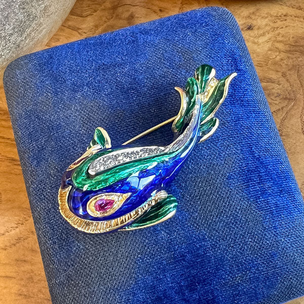 Vintage Diamond Enamel Fish Pin