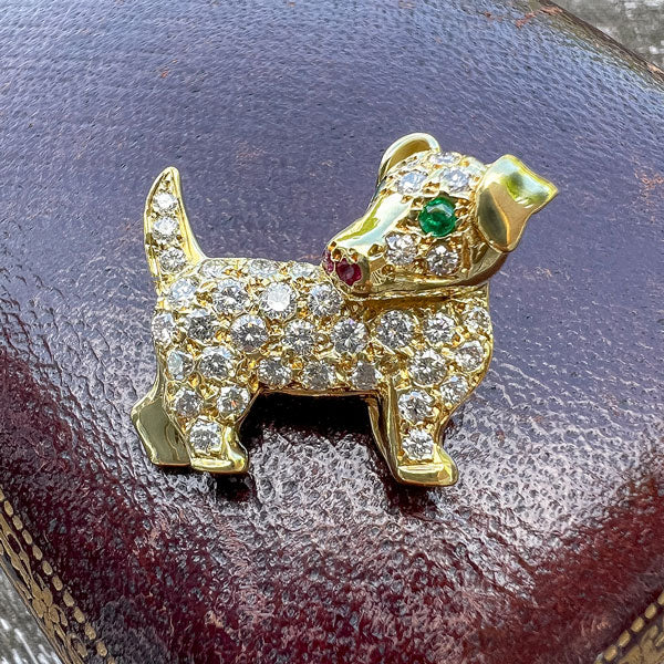 Vintage Diamond Emerald & Ruby Dog Pin