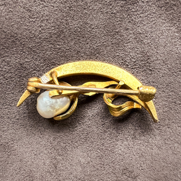 Art Nouveau Pearl & Enamel Flower Crescent Pin